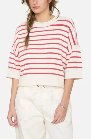 J.O.A. Stripe Cotton Blend Sweater - Red