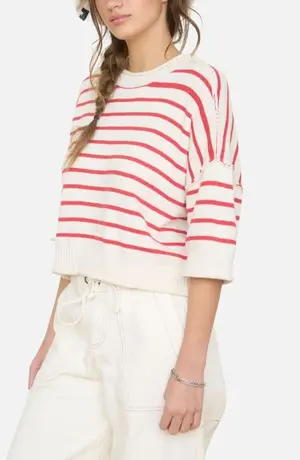J.O.A. Stripe Cotton Blend Sweater - Red