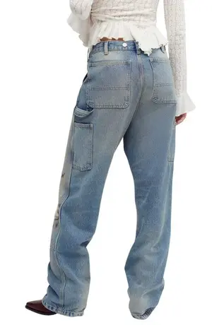 Free People Emily High Waist Ripped Wide Leg Carpenter Jeans