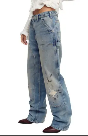 Free People Emily High Waist Ripped Wide Leg Carpenter Jeans