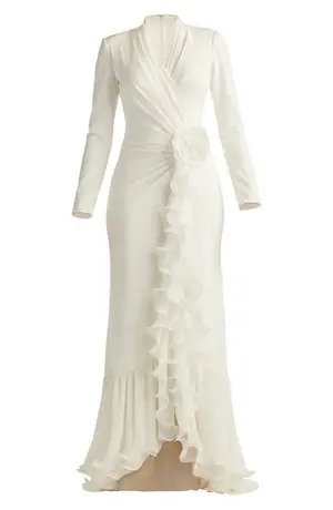 Tadashi Shoji Wire Ruffle Long Sleeve Gown
