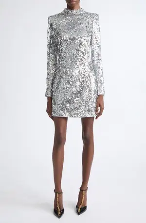 Balmain Long Sleeve Sequin Minidress - 9fc Silver