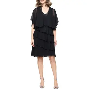 SL FASHIONS Tiered Ruffle Chiffon Dress With Jacket - Black