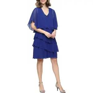 SL FASHIONS Tiered Ruffle Chiffon Dress With Jacket Iris