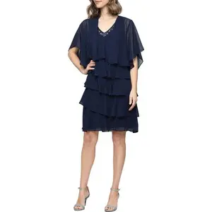 SL FASHIONS Tiered Ruffle Chiffon Dress With Jacket Navy