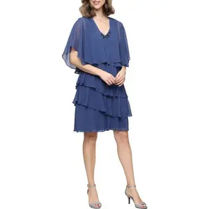 SL FASHIONS Tiered Ruffle Chiffon Dress With Jacket Wedgewood