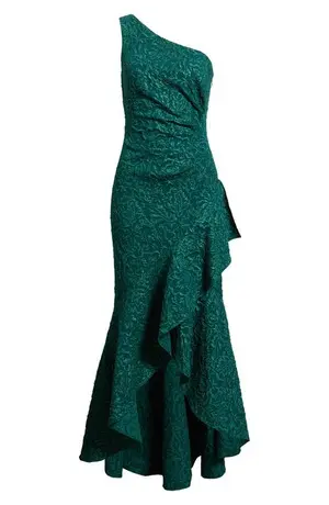 Eliza J Ruffled Lace One-shoulder Gown