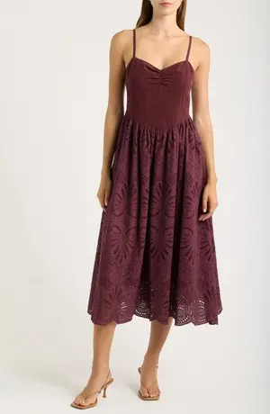 Moon River Eyelet Scallop Sleeveless Midi Dress - Wine