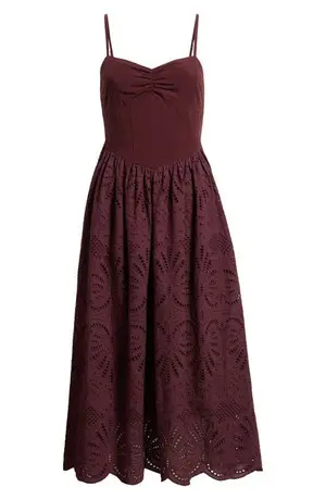 Moon River Eyelet Scallop Sleeveless Midi Dress