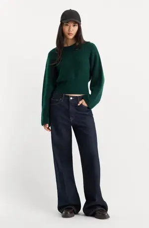 Good American Chunky Knit Crewneck Cropped Sweater - Forest Green