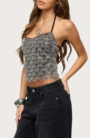 EDIKTED Naira Beaded Scalloped Halter Top