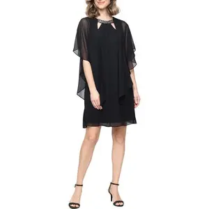 SL FASHIONS Jewel Chiffon Overlay Shift Dress Black