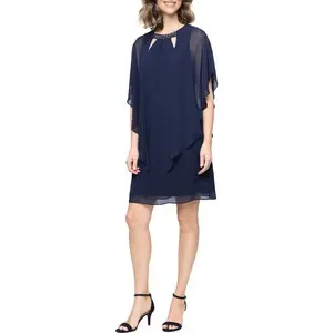 SL FASHIONS Jewel Chiffon Overlay Shift Dress - Navy