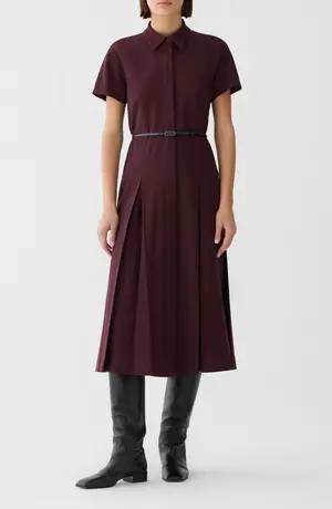 Lafayette 148 New York A-line Pleated Wool Blend Shirtdress With Leather Belt - Beet Melange