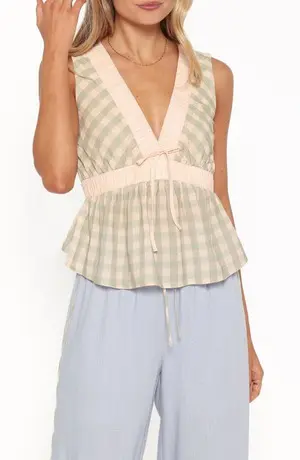 PETAL & PUP Solace Peplum Top - Green/pink Gingham