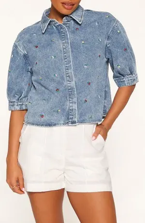PETAL & PUP Nerys Embroidered Button-up Denim Shirt - Medium Wash