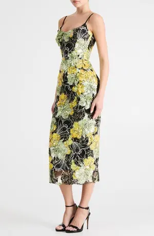 HELSI Emilia Sequin Sleeveless Midi Dress - Black/chartreuse