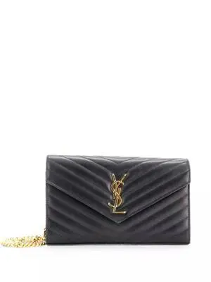 Saint Laurent Classic Monogram Wallet On Chain Matelasse Chevron Leather Medium Crossbody Bag - Black
