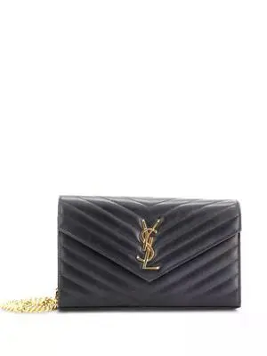 Saint Laurent Classic Monogram Wallet On Chain Matelasse Chevron Leather Medium Crossbody Bag - Black
