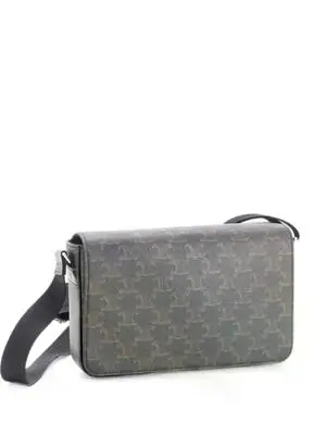 Celine Flap Messenger Bag Triomphe Coated Canvas Medium Crossbody Bag - Black