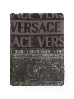 Versace Barocco-print Logo-jacquard Towels - Grey