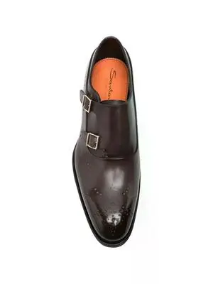 Santoni Brogue Detail Double Strap Monk Shoes