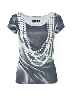 NACHE Pearl-print Scoop-neck T-shirt - Grey
