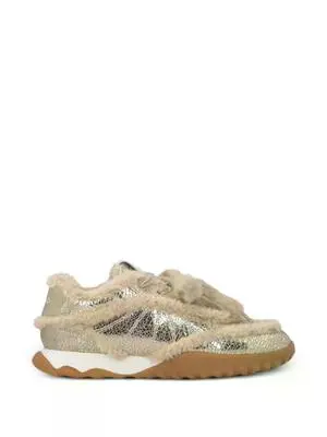 Pinko Shearling-trim Cracked-effect Sneakers - Gold