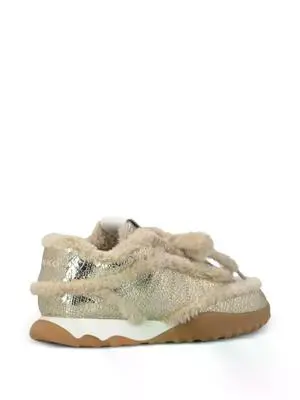 Pinko Shearling-trim Cracked-effect Sneakers