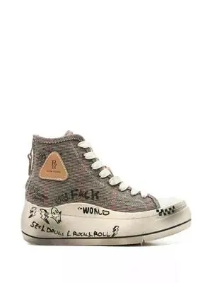 R13 Graffiti Print Plaid High Top Platform Sneakers