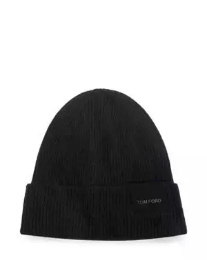 TOM FORD Logo-patch Ribbed-knit Beanie Hat - Black