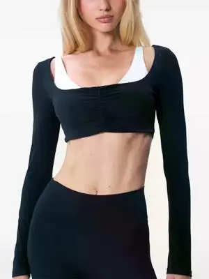 GOD SAVE QUEENS Ruched Square Neck Cropped Long Sleeve Top