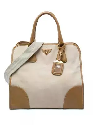Prada Saffiano Trimmed Canvas Canapa Satchel - Brown