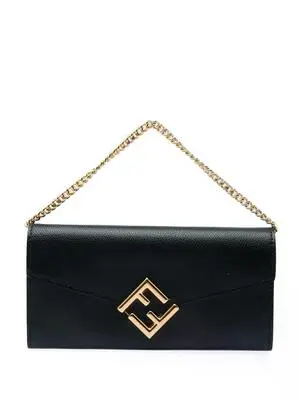 Fendi 2010-2026 Smooth And Grained Calfskin Vitello King Cruise Ff Diamonds Continental Envelope Wallet On Chain Crossbody Bag - Black