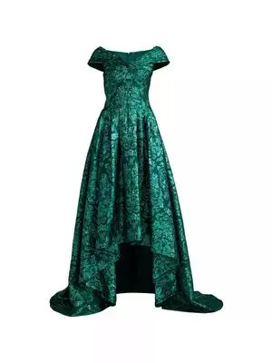 Tadashi Shoji Leontine Damask-pattern Asymmetric Gown - Green