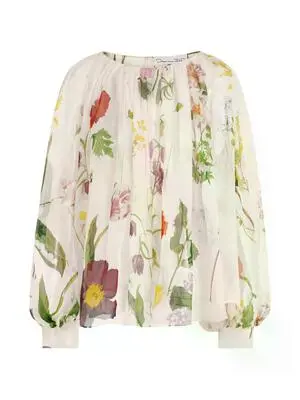 Oscar De La Renta Botanical-print Silk-chiffon Blouse - Neutrals