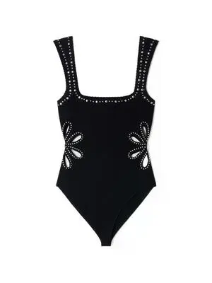 Sandro Floral-appliqué Pointelle-knit Top - Black