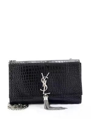 Saint Laurent Classic Monogram Tassel Crocodile Embossed Leather Medium Crossbody Bag - Black