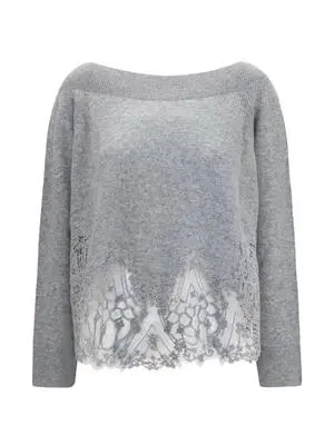 Ermanno Scervino Lace-trim Boat-neck Sweater - Grey