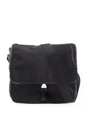 Prada 2019-2026 Saffiano Trimmed Tessuto Buckle Messenger Bag Crossbody Bag - Black
