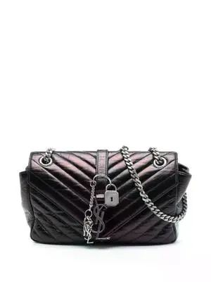 Saint Laurent 2015 Medium Chevron Metallic Crinkled Calfskin Punk Chain Bag Shoulder Bag - Black