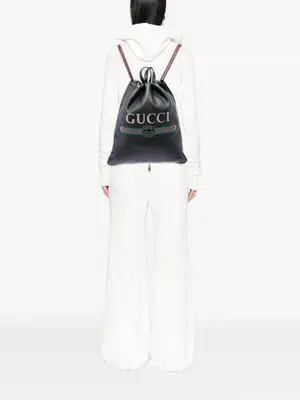 Gucci 2021-2026 Grained Calfskin Web Logo Drawstring Backpack - Black