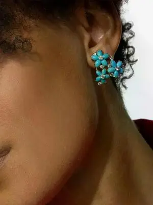 ALETTO BROTHERS 18k Yellow Turquoise And Diamond Flower Earrings