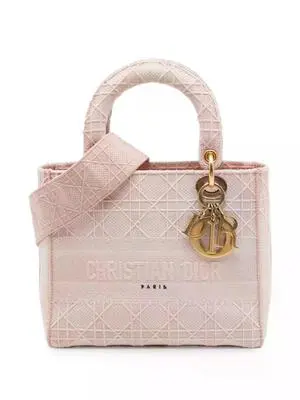 Dior 2020 Medium Embroidered Canvas Cannage Lady D Lite Satchel - Pink