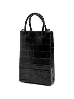Balenciaga 2020 Mini Croc Embossed Leather Shopping Phone Holder Satchel - Black