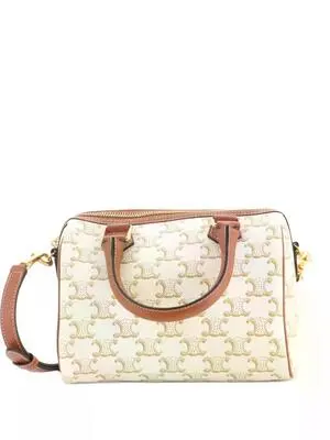 Celine Boston Bag Triomphe Coated Canvas Small Satchel - White