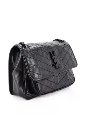 Saint Laurent Niki Chain Flap Bag Matelasse Chevron Leather Medium Shoulder Bag - Black