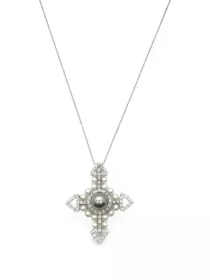 ANDREOLI Diamond And Pearl Cross Pendant Necklace