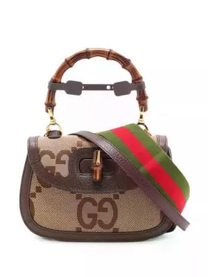 Gucci 2016-2026 Small Jumbo Gg Canvas Web Bamboo 1947 Top Handle Bag Satchel - Neutrals