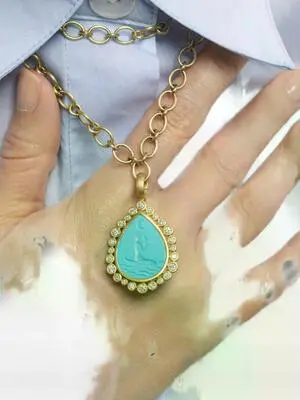 LEIGH MAXWELL Mermaid Turquoise And Diamond Pendant In 18k Yellow